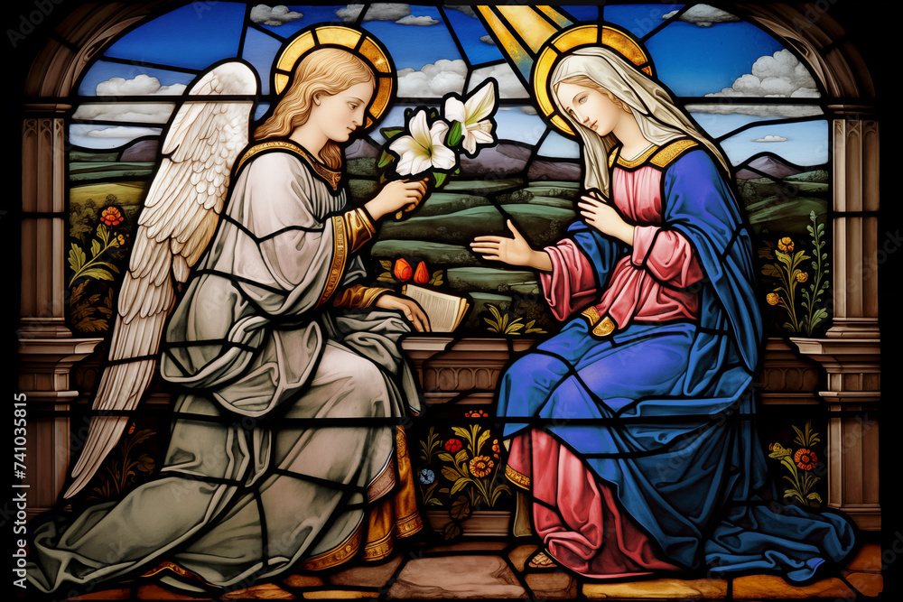 Stained glass window illustrating the Annunciation of the Blessed Virgin Mary. The archangel ...