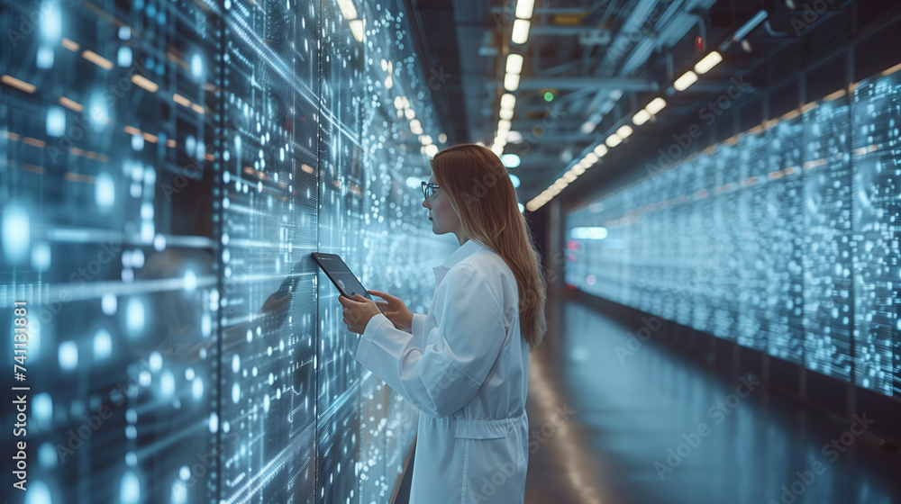 Woman Industrial Engineers Use a Tablet Computer to Visualize the Wall of Big Data Statistics ...