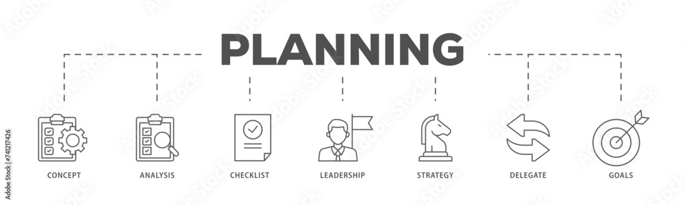 Planning icons process flow web banner illustration of concept ...