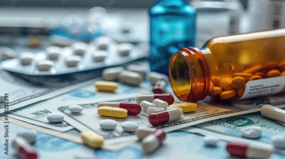 Explore various bills and pharmaceutical bottles in a healthcare ...