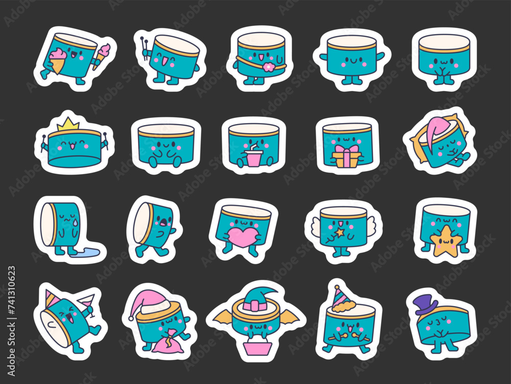 Cartoon kawaii drum character with sticks. Sticker Bookmark. Funny ...