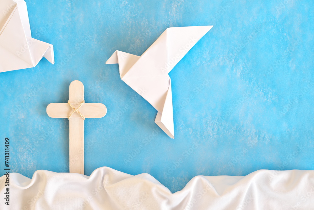 White wooden cross and with two white dove as symbol of heaven. Heaven ...