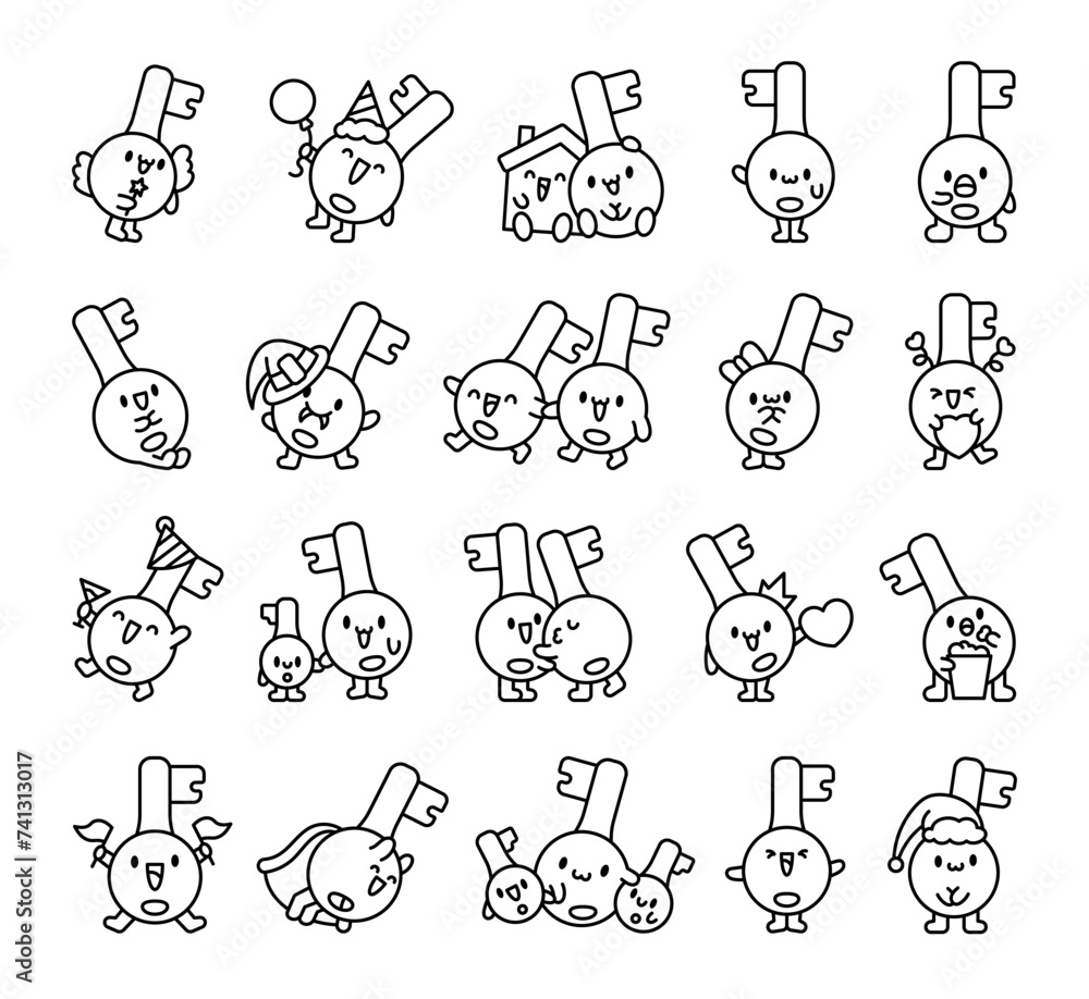 Cute happy key with different emotions. Coloring Page. Funny cartoon ...