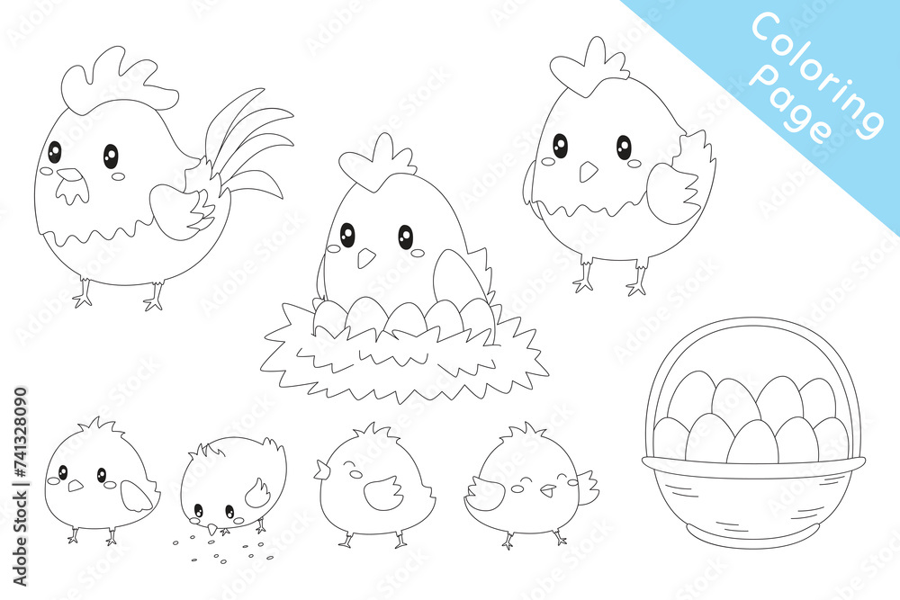 Cute farm chickens black and white outline cartoon vector for kids ...