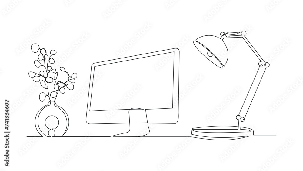 Continuous single line sketch drawing of work desk computer monitor ...