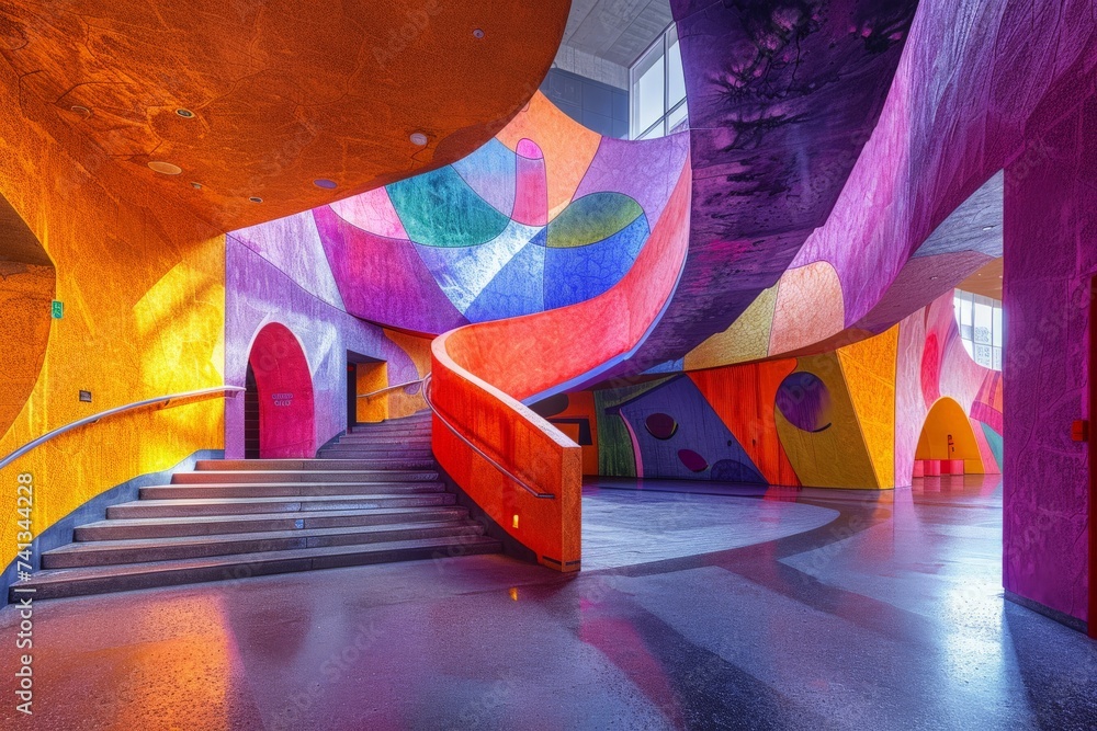 Artistic cultural center, abstract architectural forms, vibrant murals ...