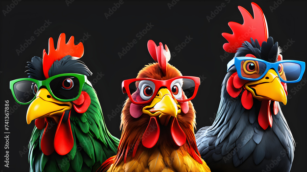 illustration image, cartoon characters of roosters and chickens ...