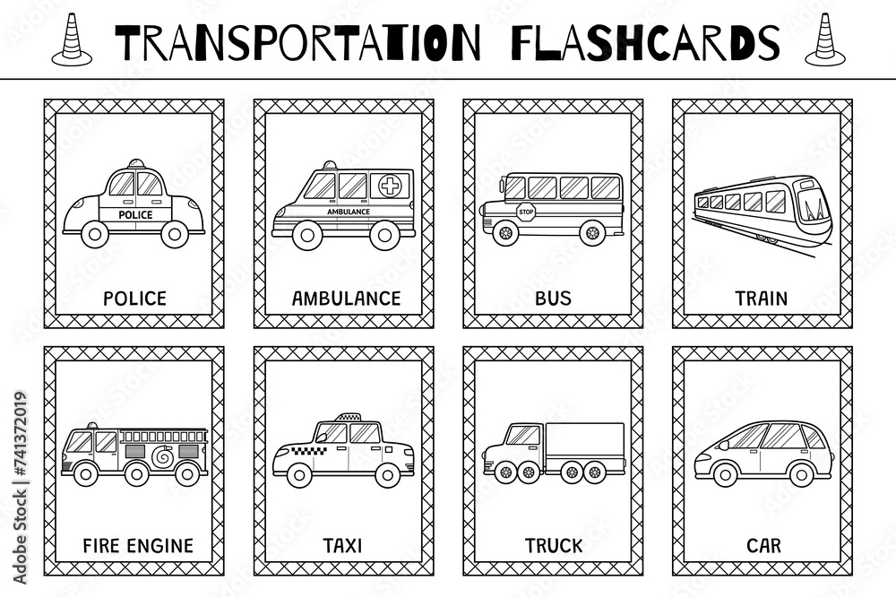 Transportation flashcards black and white collection for kids. Vehicles ...