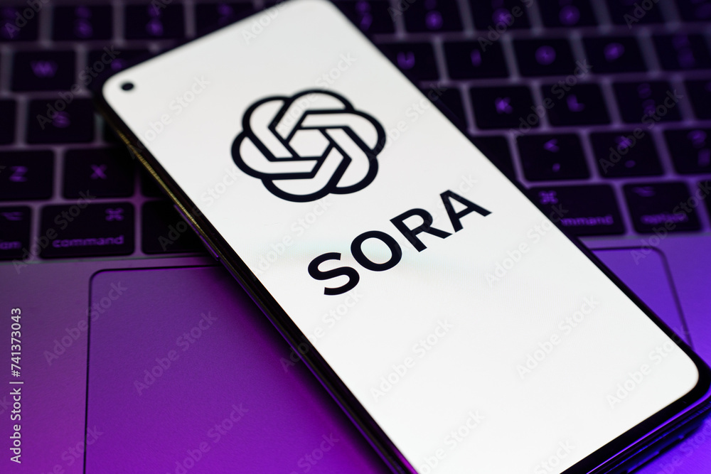 Sora OpenAi new text to video AI model. Sora and Openai logo on screen ...