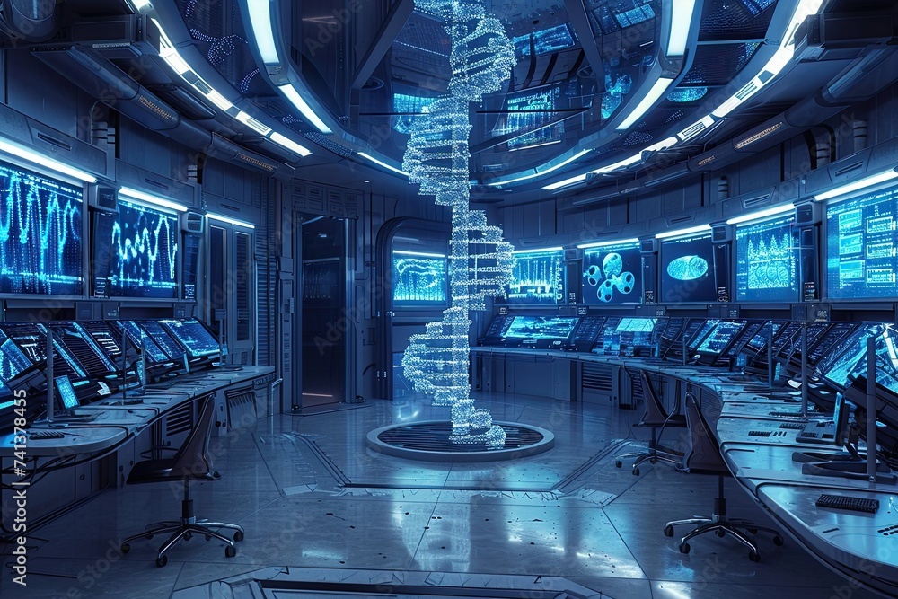 DNA structure sequencing data on multiple monitors in hightech laboratory setup featuring ...