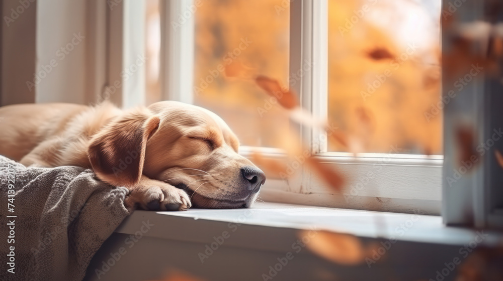 Charming, sweet puppy on window sill. Close-up, indoor. Day light ...