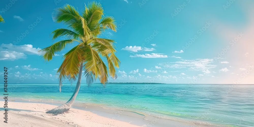 Tropical paradise idyllic beach scene invites viewer into world of ...