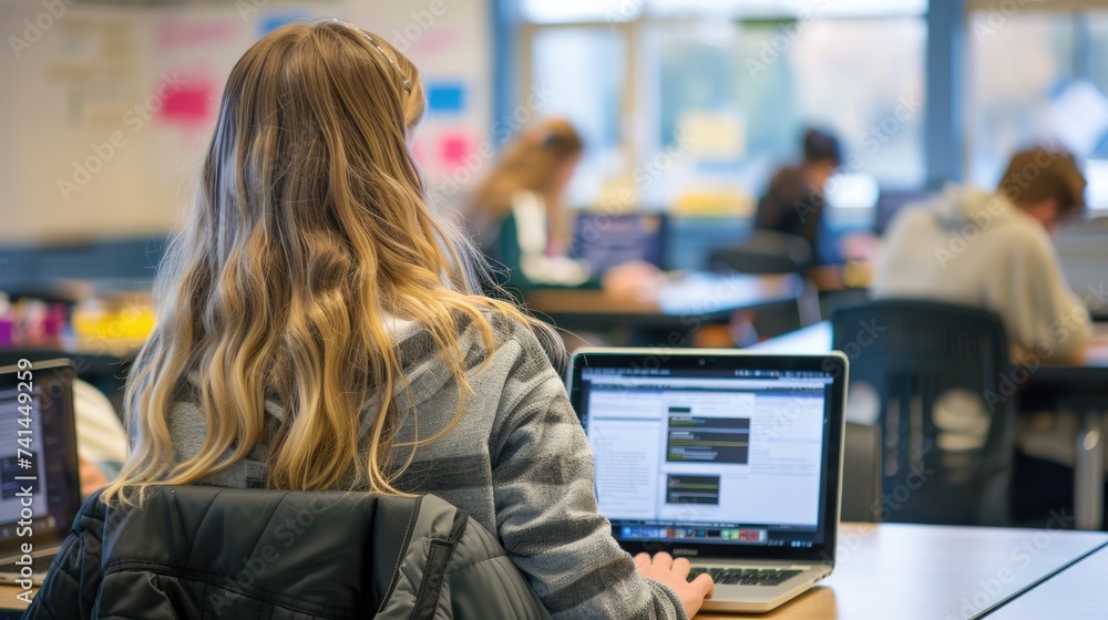 Female high school student learning coding on laptop during computer ...
