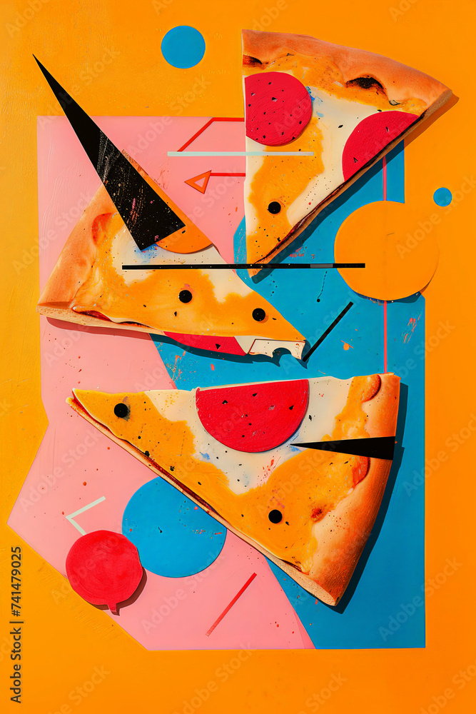 Generative AI illustration of collage of pizza slices with geometric ...