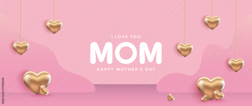 Pink tender vector card for Mother's Day with bronze 3D hearts. Women's ...