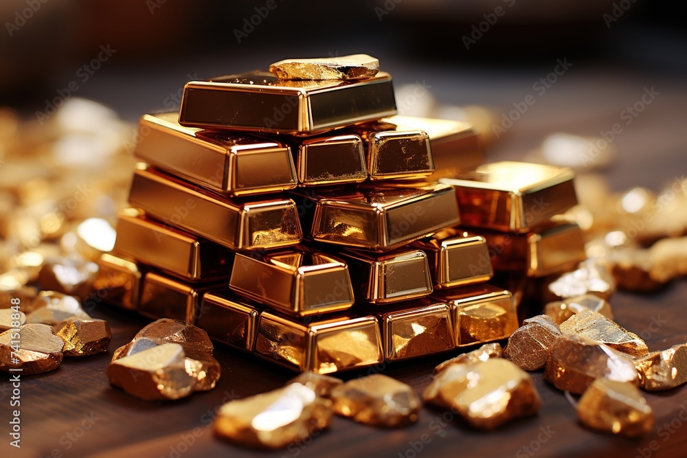 The shimmering allure of extremely shiny precious gold bars adorns the ...