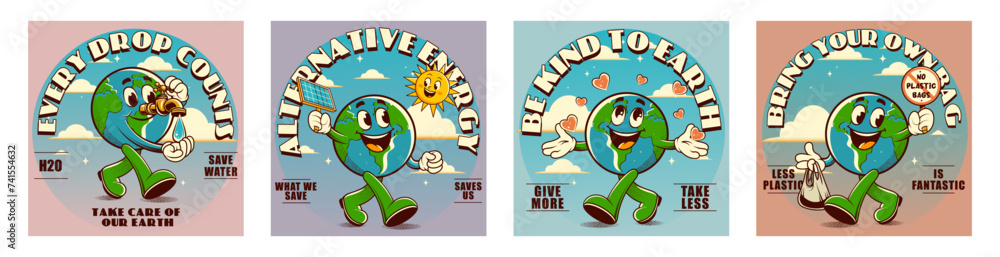 Collage retro posters with funny walking comic characters, care for the ...