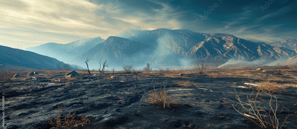 Scorched ground after a wildfire on the side of a mountain. with copy ...