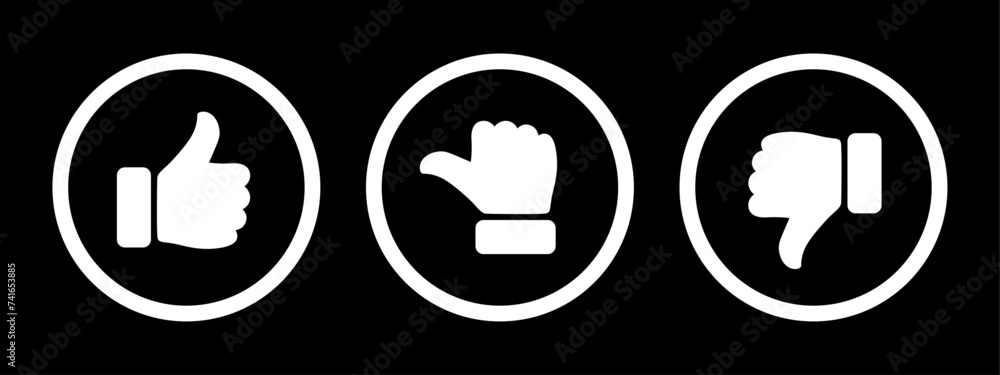 Like, dislike and neutral thumb symbols in white circle outline ...