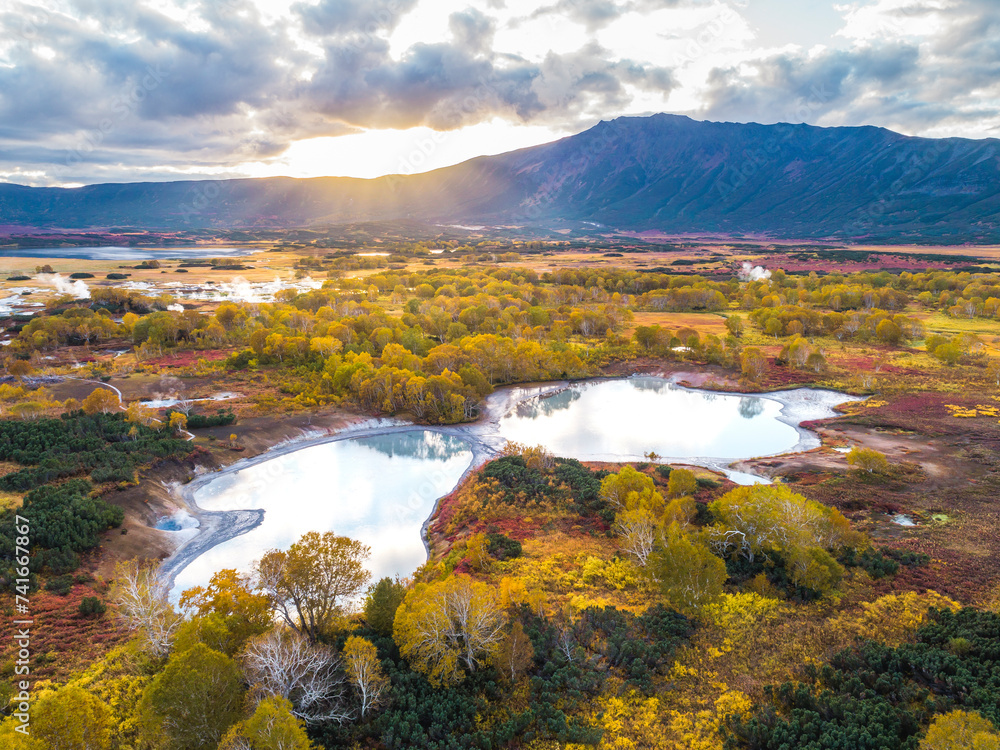 Aerial view of Uzon, a volcanic caldera and geothermal area with hot ...