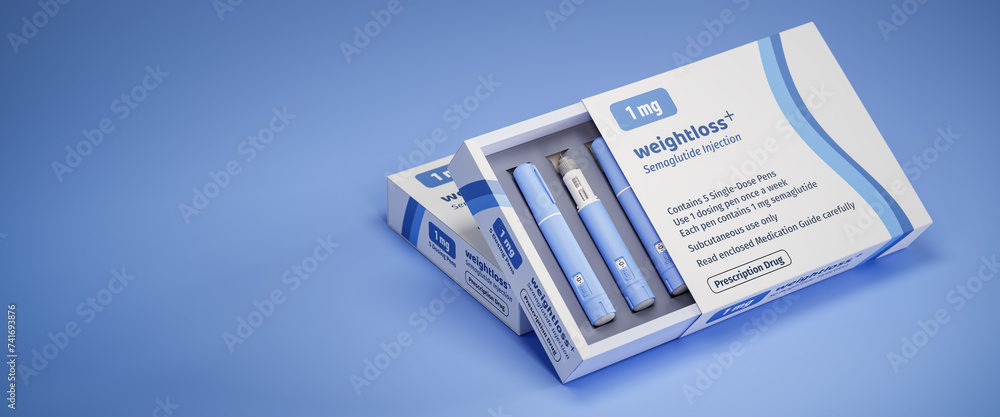 Two packages of 5 dosing pens of a fictitious Semaglutide drug used for ...
