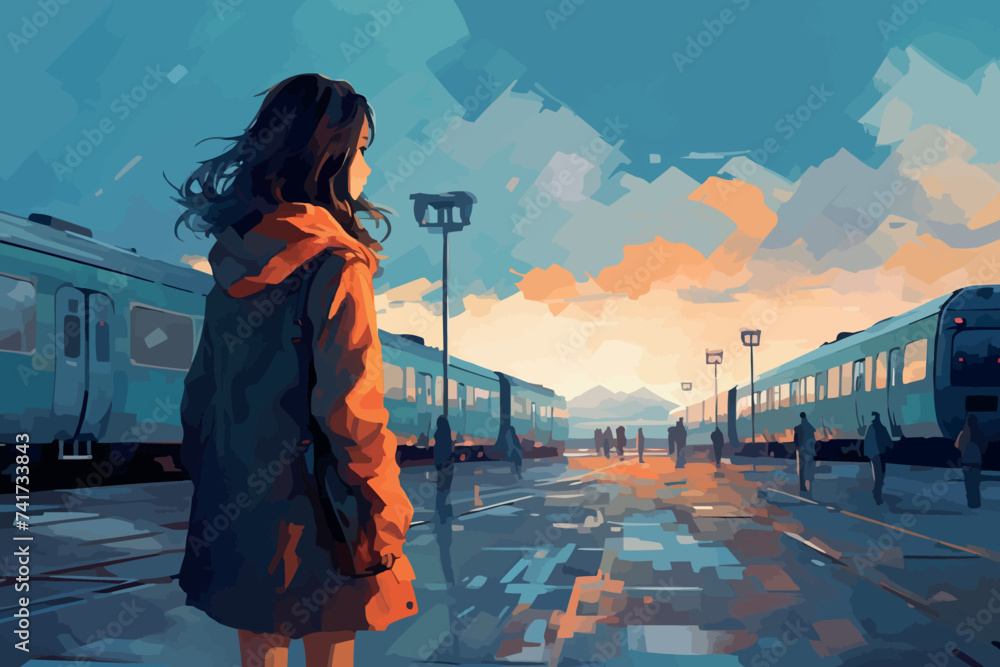 anime girl walking alone at rail line digital art, painting, anime, art ...