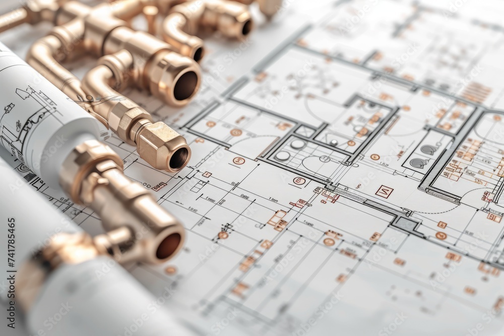 Copper pipes on house blueprint background Stock Photo | Adobe Stock