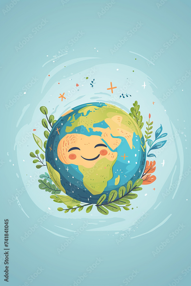 Cute smiling earth globe surrounded by green leaves on a blue ...
