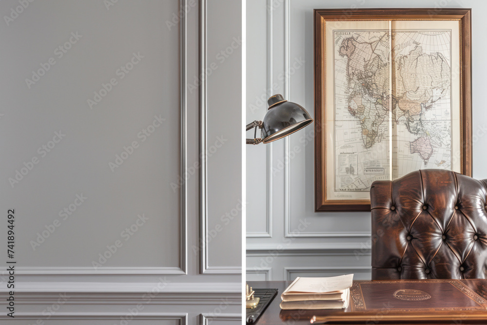 Sophisticated workspace featuring leather chair, classic wooden desk ...