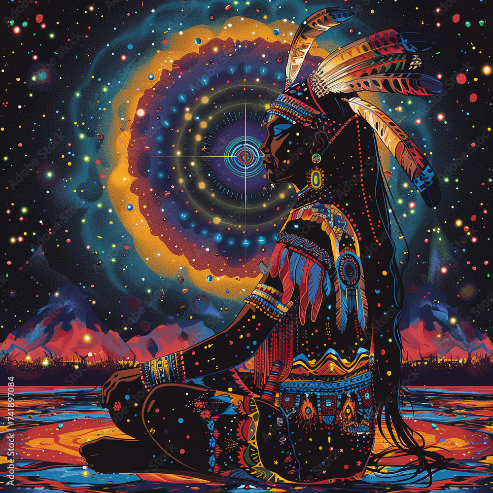 Charming beautiful young shaman meditates on the background of night ...