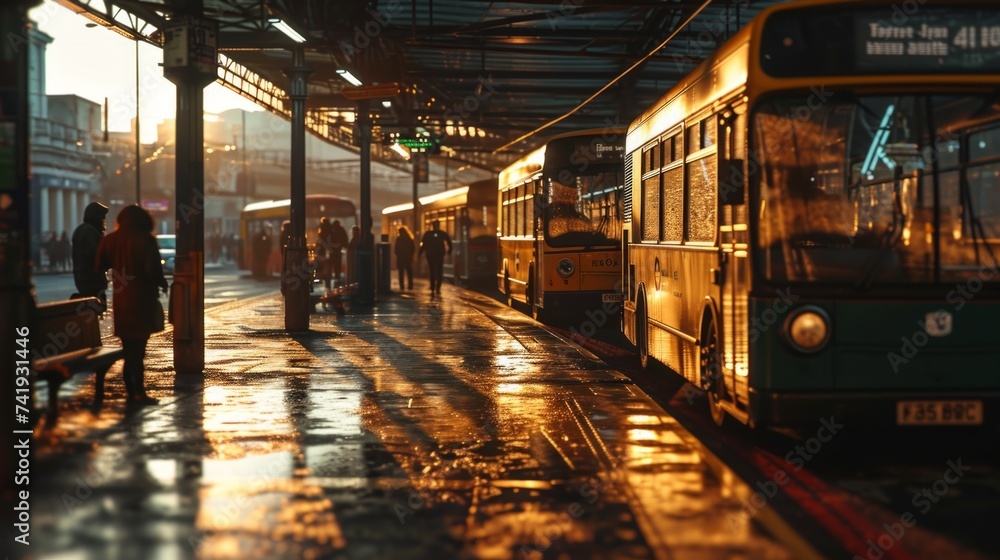 Generative AI Close-up of a busy bus station, commuters, buses, ticket ...