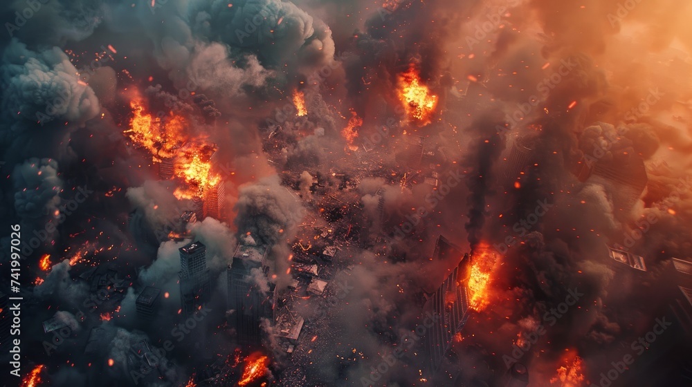 Intense destruction of a fictional city with fires, explosions, debris ...