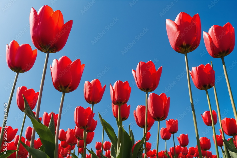 Nature color. Tulip garden landscape. May floral bloom. Sunny flower ...