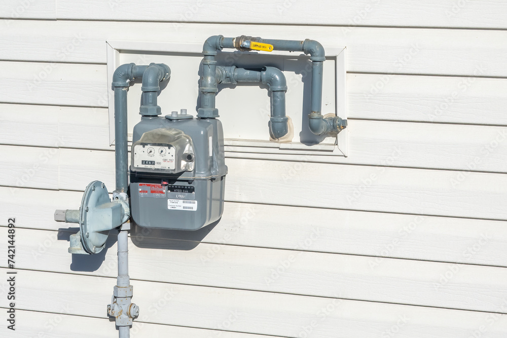 Calgary, Alberta, Canada. Feb 17, 2024. A Home Natural Gas Meter ...