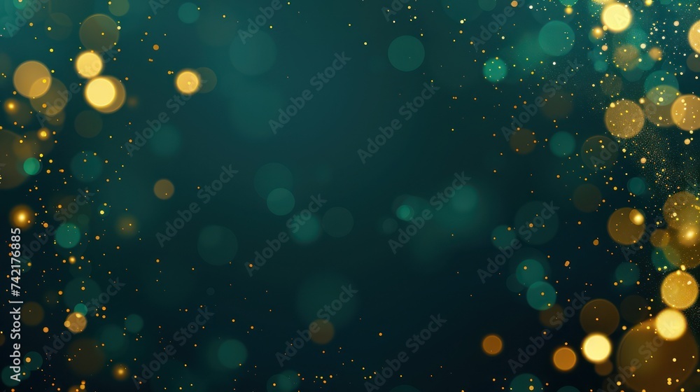Abstract background featuring dark green and gold particles with golden light shining bokeh on a ...