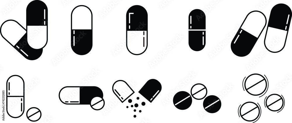 Set of Capsule glyph Pill icons. Medical capsule pictogram isolated on ...