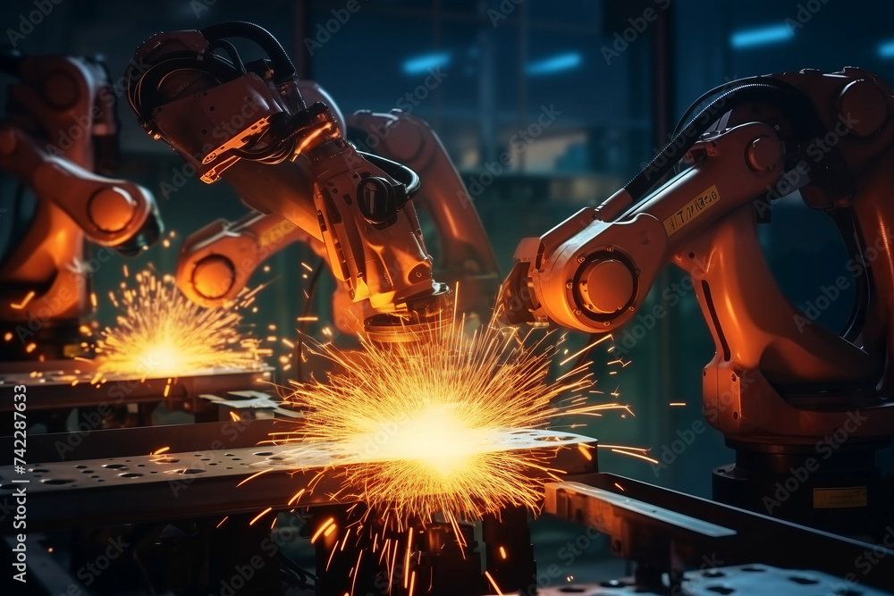 Illustration Stock Automated Robotic arms line welding assembly car working at futuristic ...