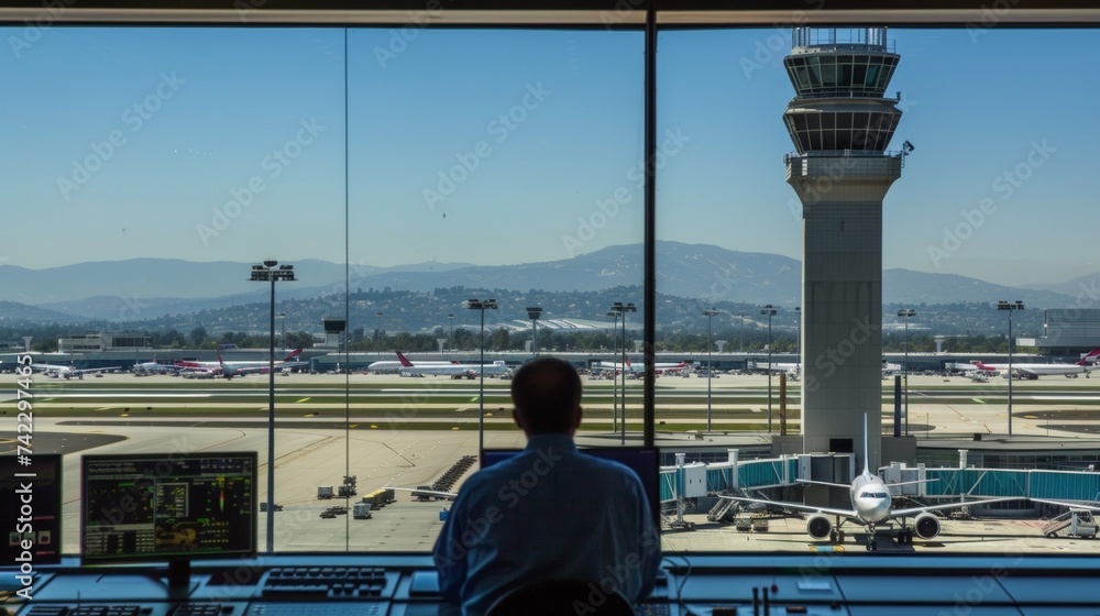 A bustling control tower overlooks the runway as air traffic ...