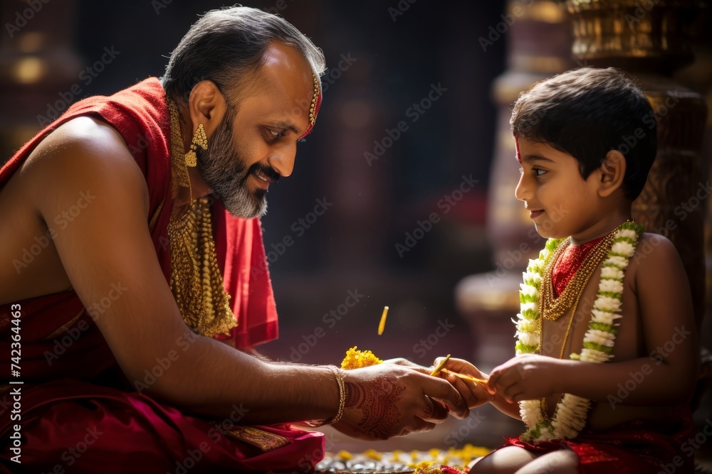 Hindu priest performing the sacred thread ceremony (Upanayana) for a ...