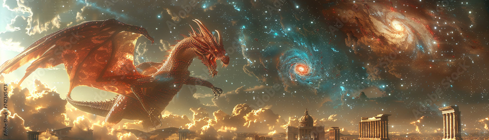 Quantum Dragon Over Roman Empire A majestic dragon soaring over the ...