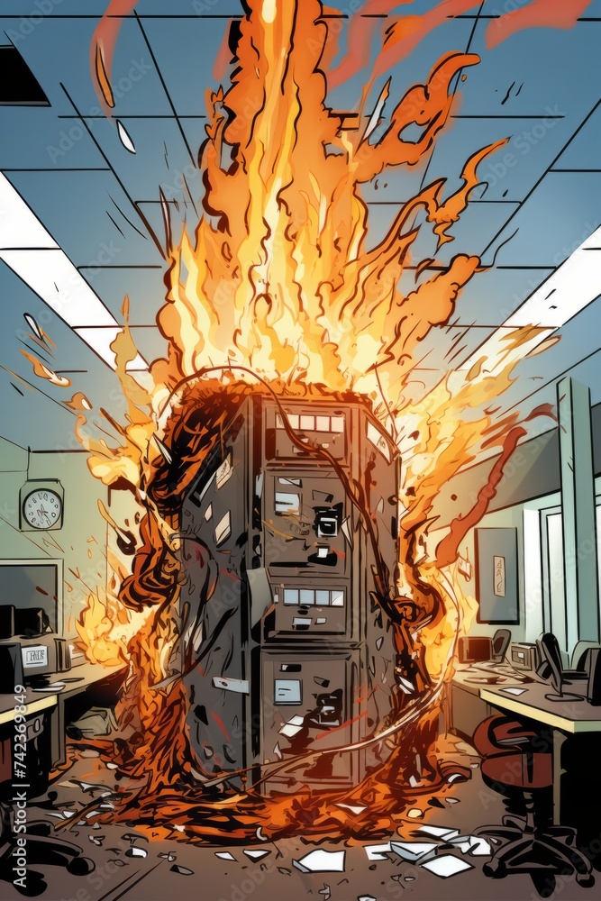 A fire has erupted inside an office cubicle, flames engulfing an ...