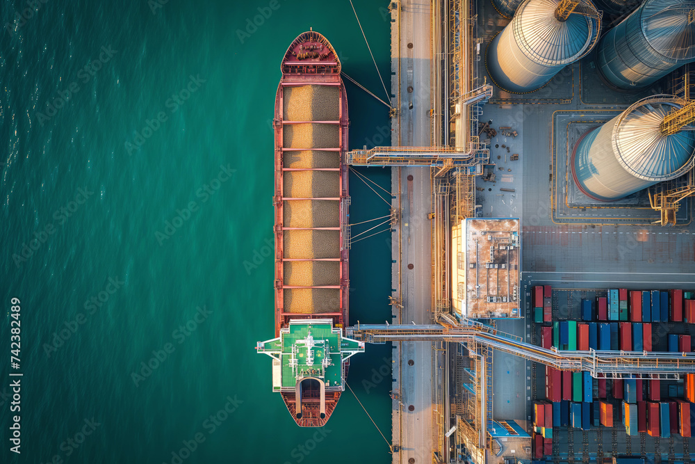 Grain tanker loaded in local port dock. Transporting grain from storage ...