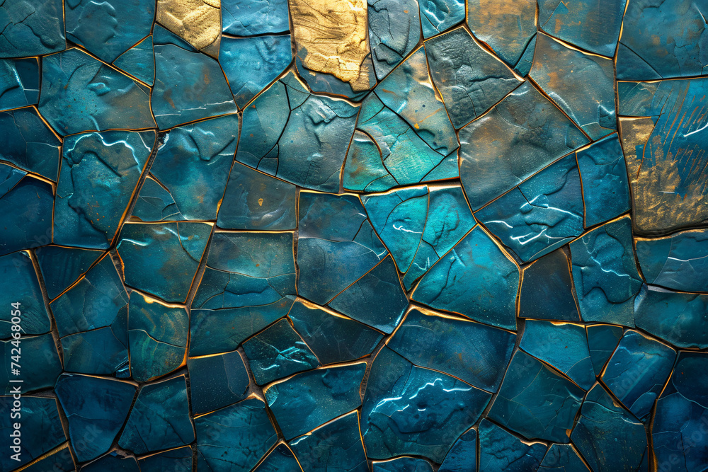 blue art wallpaper with a gold tile background, in the style of glass ...