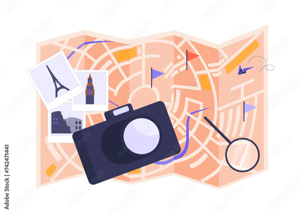 Tourist map with destination points vector illustration. Photocamera ...