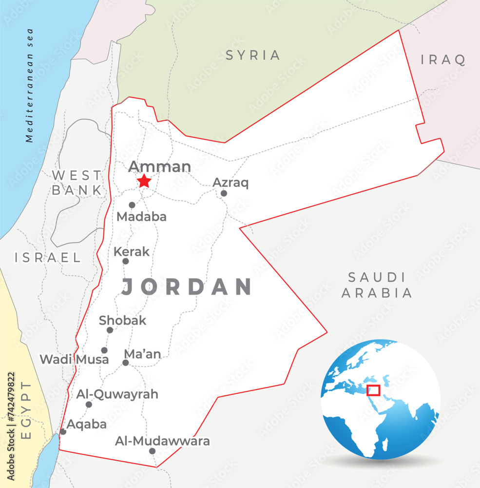 Jordan map with capital Amman, most important cities and national borders Stock Vector | Adobe Stock