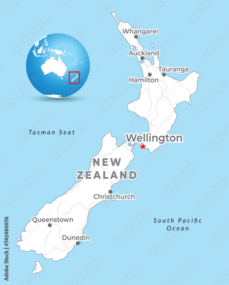 New Zealand map with capital Wellington, most important cities and ...
