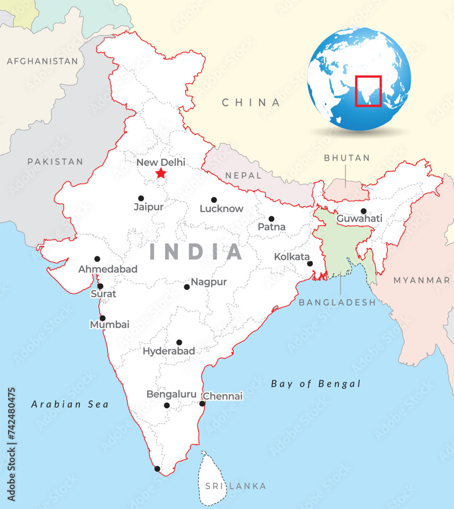 India map with capital New Delhi, most important cities and national ...