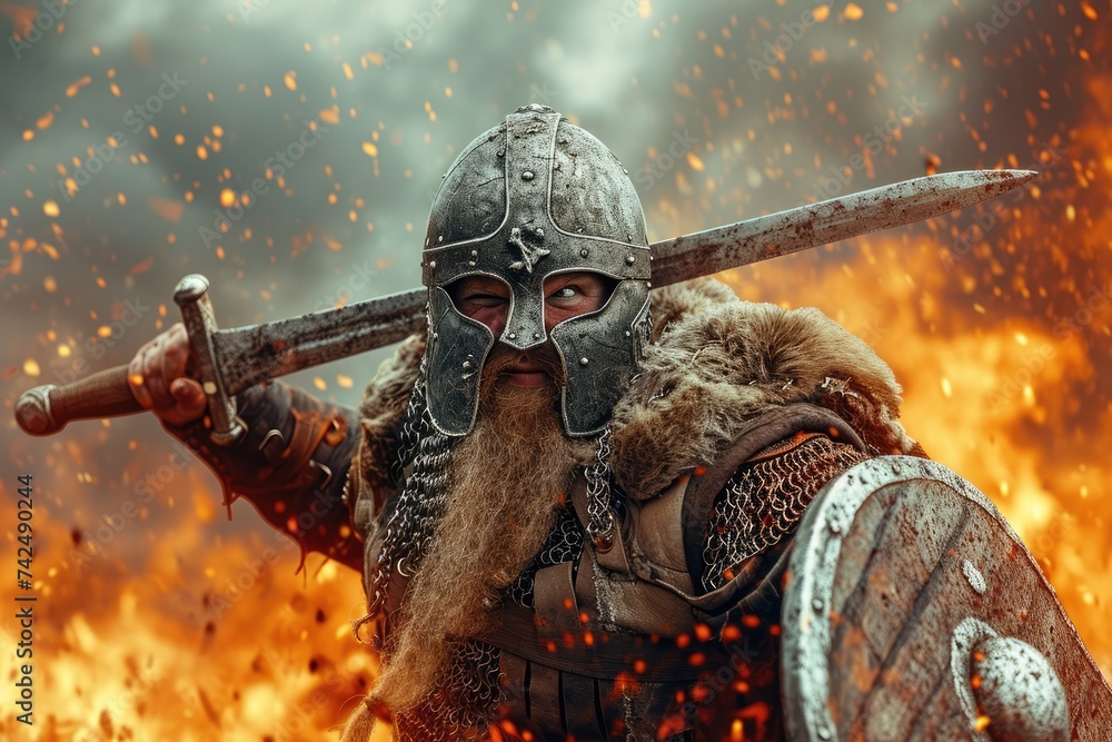 Legendary Norse Warrior: With a Shield and Gladius Sword in Hands, a ...