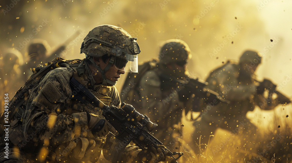 Create a collaborative scene between soldiers of an army emphasizing ...