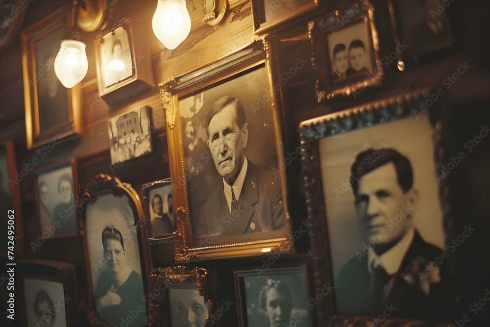 A family lineage display with generations remembered through portraits ...